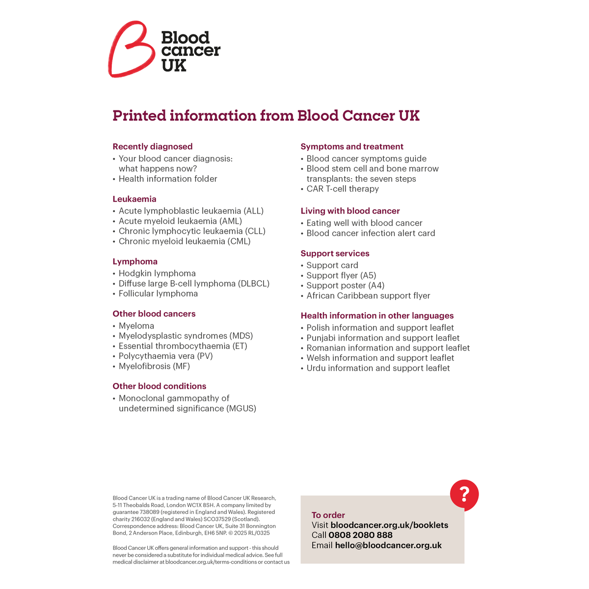 Information resources list | Blood Cancer UK Shop
